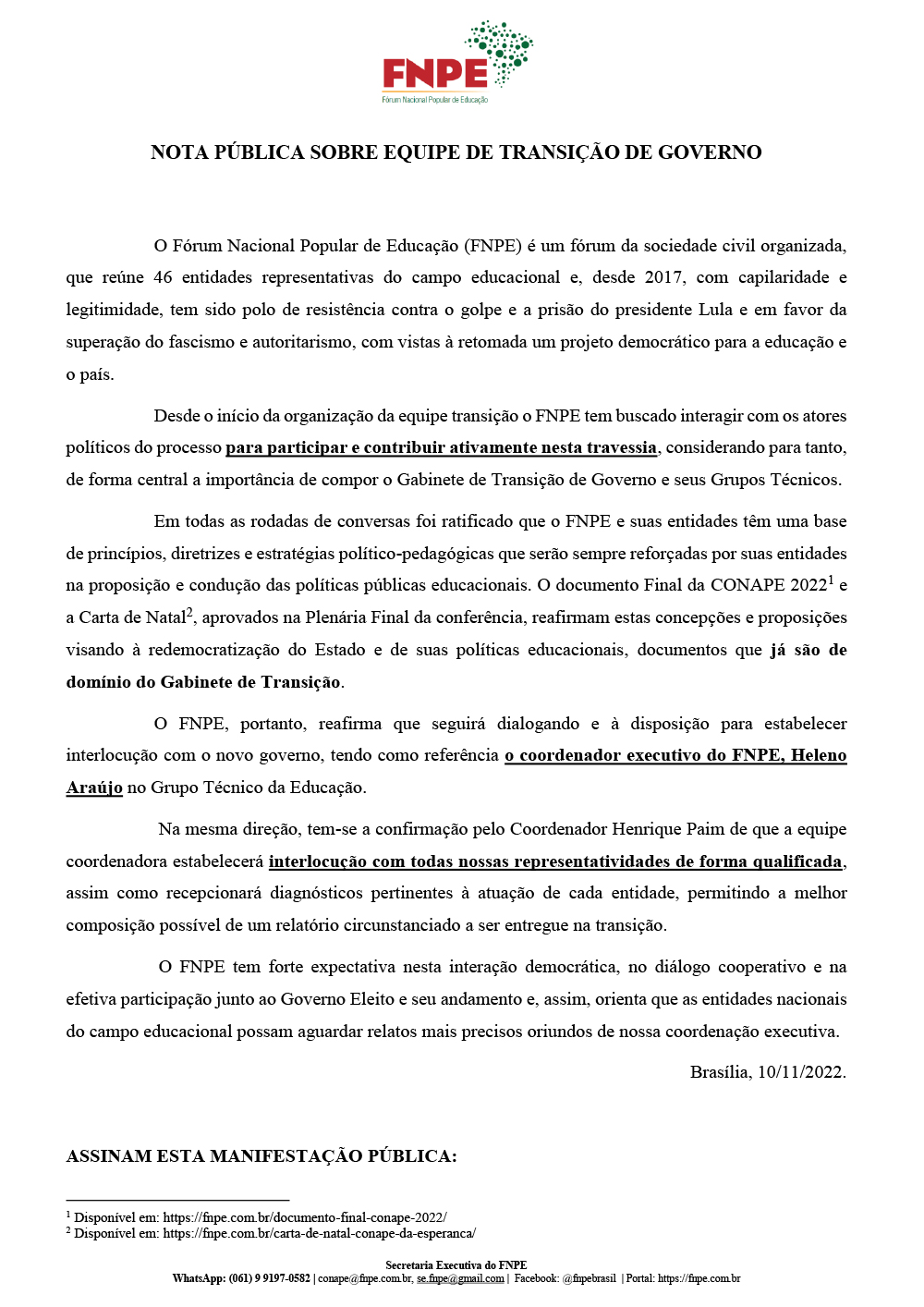 FNPE: Nota pública sobre equipe de transição de governo – CONTEE