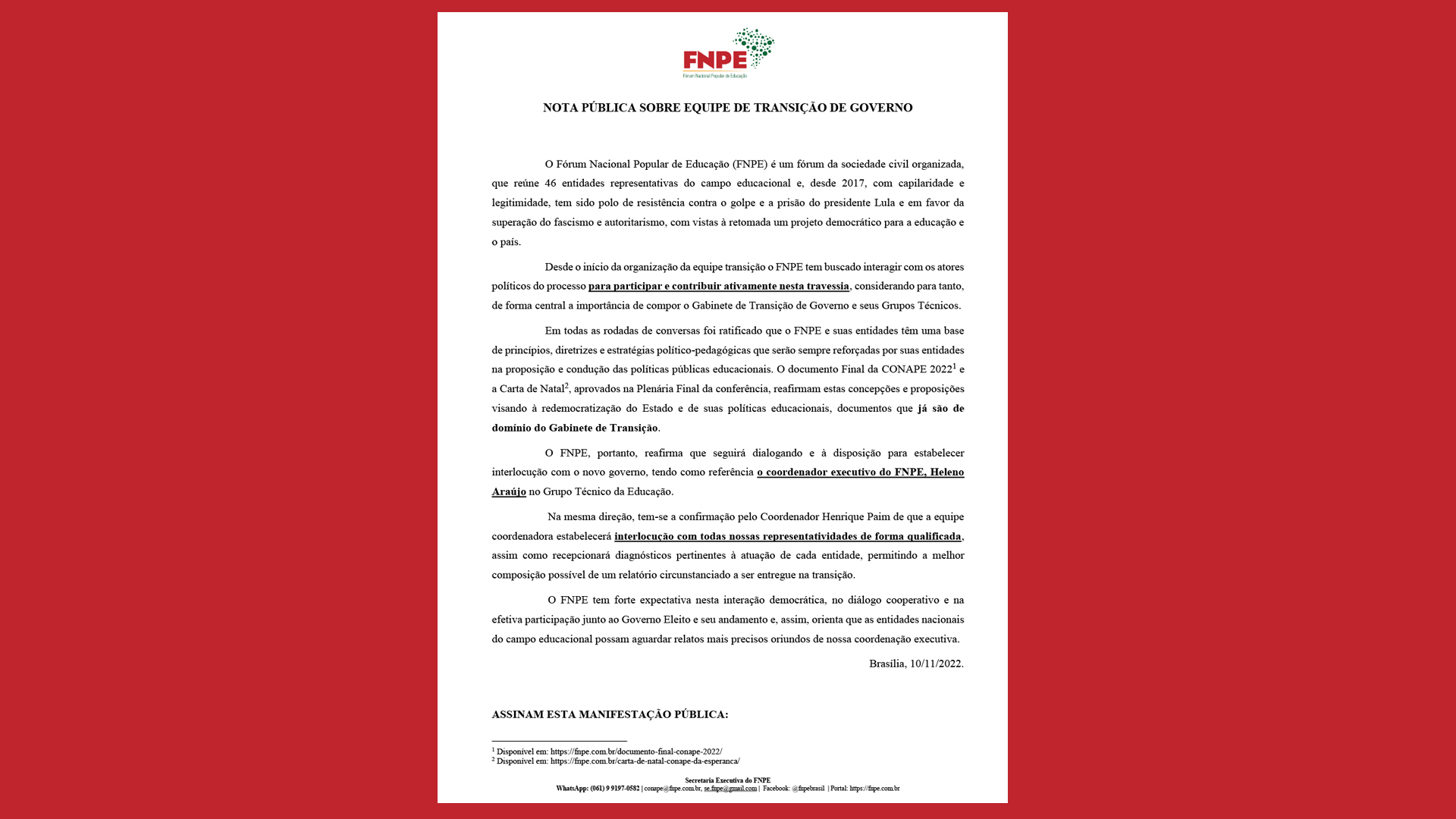 FNPE: Nota pública sobre equipe de transição de governo – CONTEE